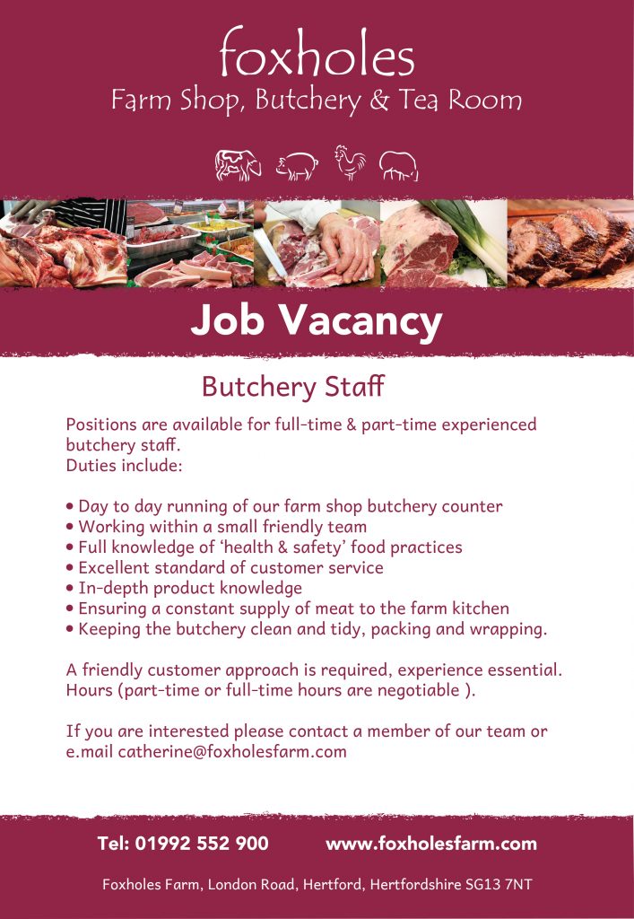 Join our Team....Part-Time Cook-Chef & Butcher Required! - Foxholes Farm